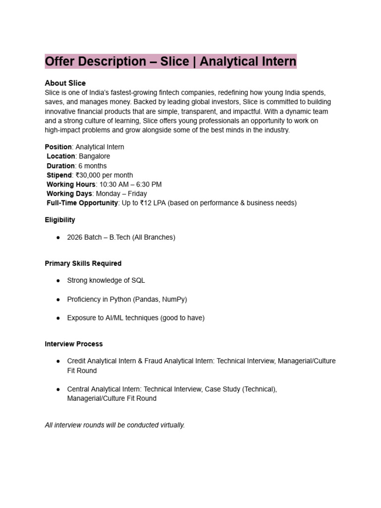 Offer Description - Slice - Analytical Intern | PDF