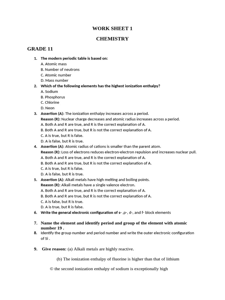 Grade 11 Chemistry Worksheet on Periodic Trends | PDF | Periodic Table ...