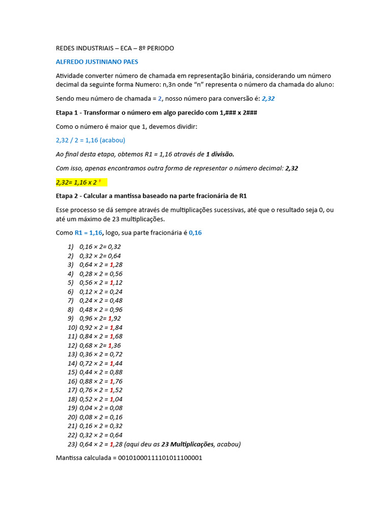 Atividade 01 - Numero Da Chamada em Binario | PDF
