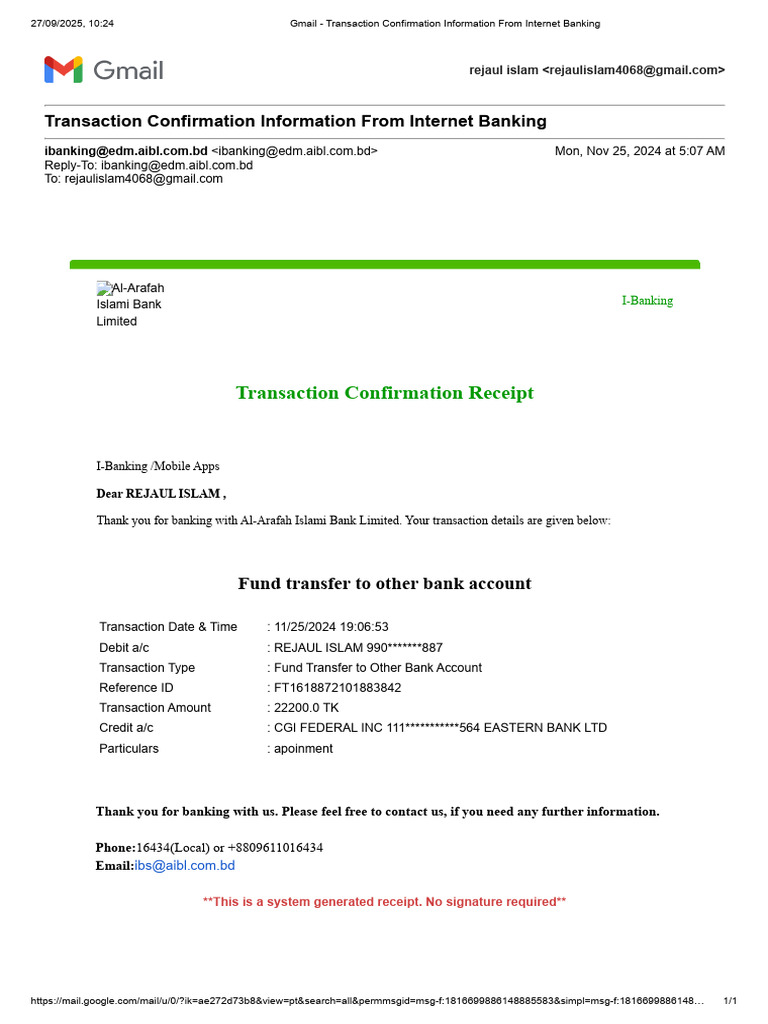 Al-Arafah Bank Transaction Receipt | PDF