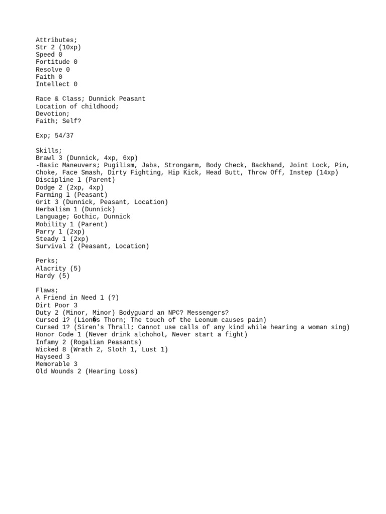Dunnick Peasant Character Profile | PDF