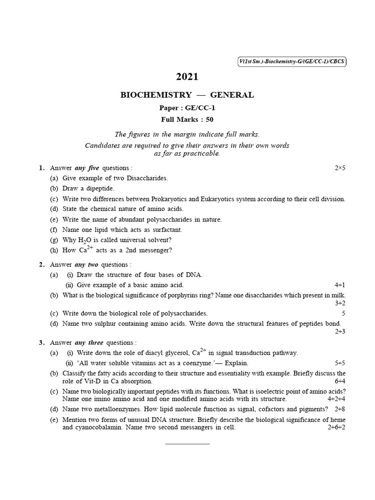 CU-2021 B.sc. (General) Biochemistry Semester-1 Paper-CC1-GE1 QP | PDF ...