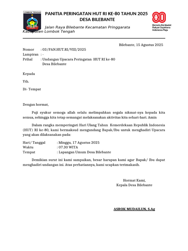 Undangan Upacara HUT RI Bilebante | PDF