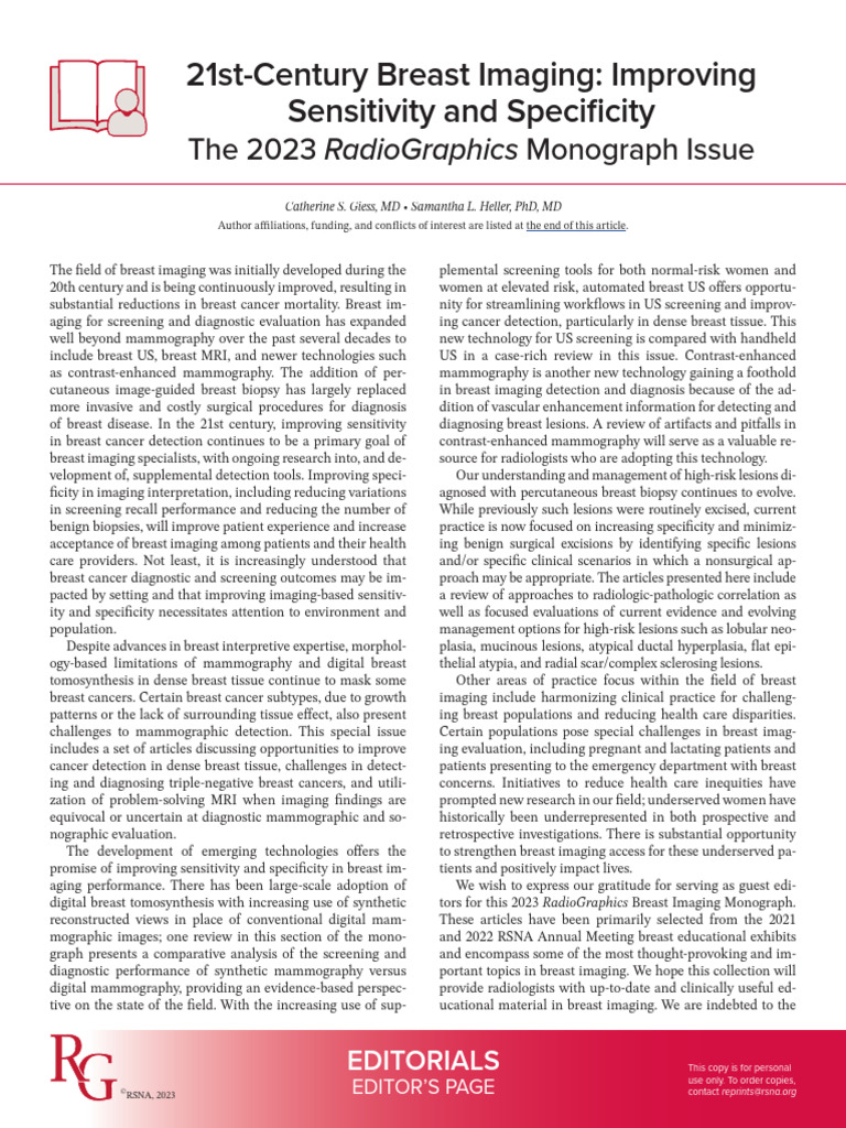 21st-Century Breast Imaging Improving Sensitivity and Specificity The 2023 RadioGraphics ...
