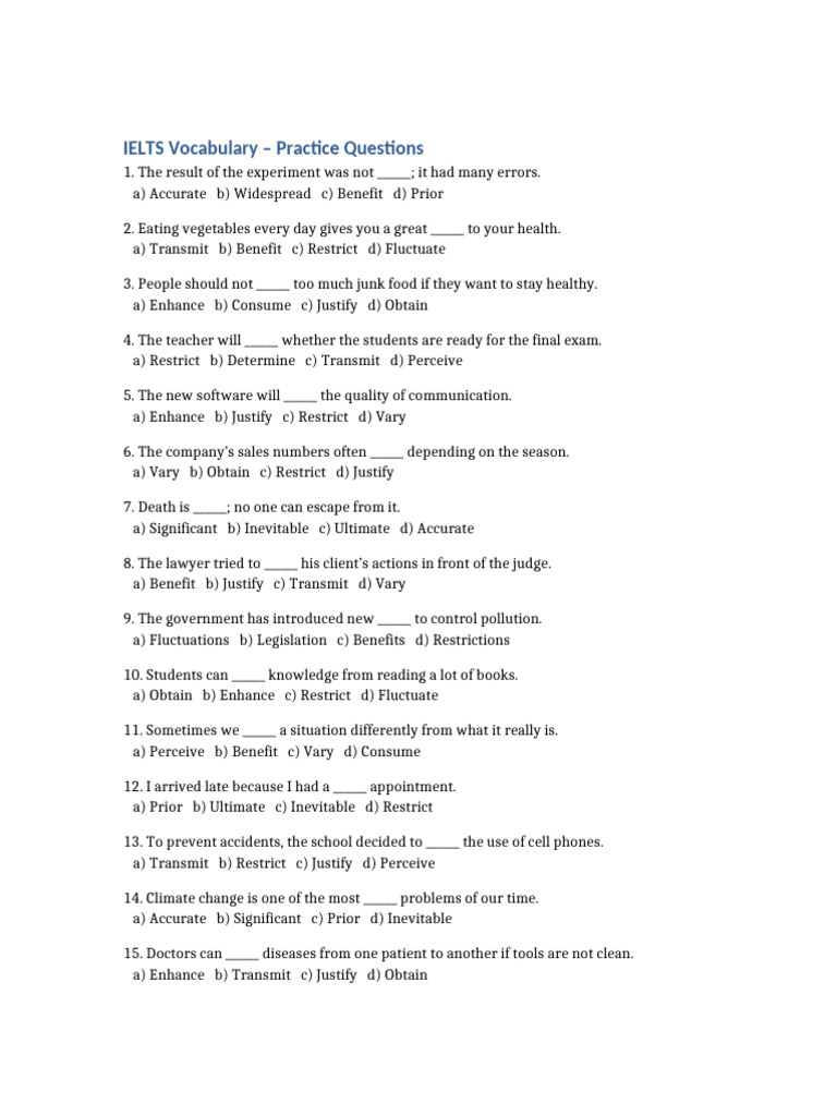 IELTS Vocabulary Practice Questions | PDF