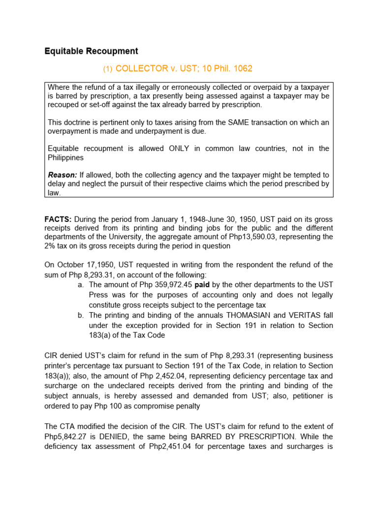 Equitable Recoupment Tax Assumption | PDF | Taxes | Japanese Yen