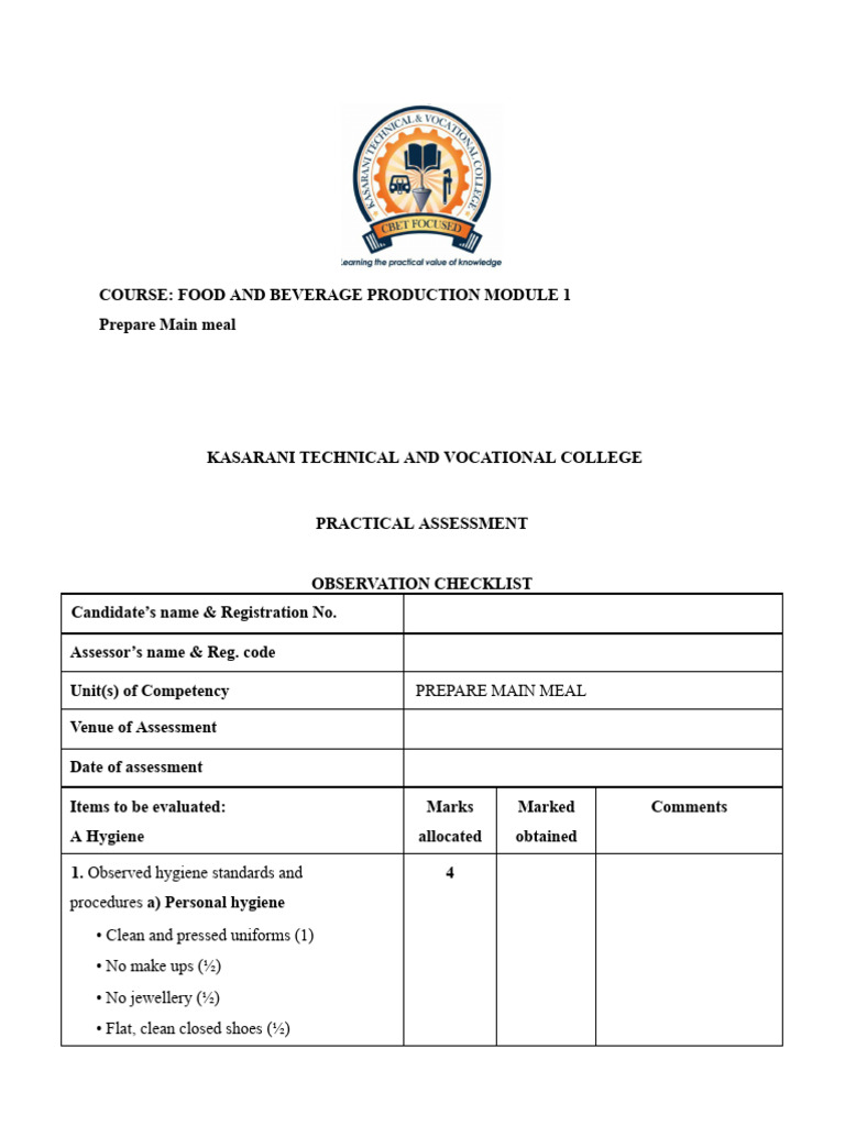 Observation Checklist PREPARE MAIN MEAL MODULE 1 | PDF | Curry | Onion