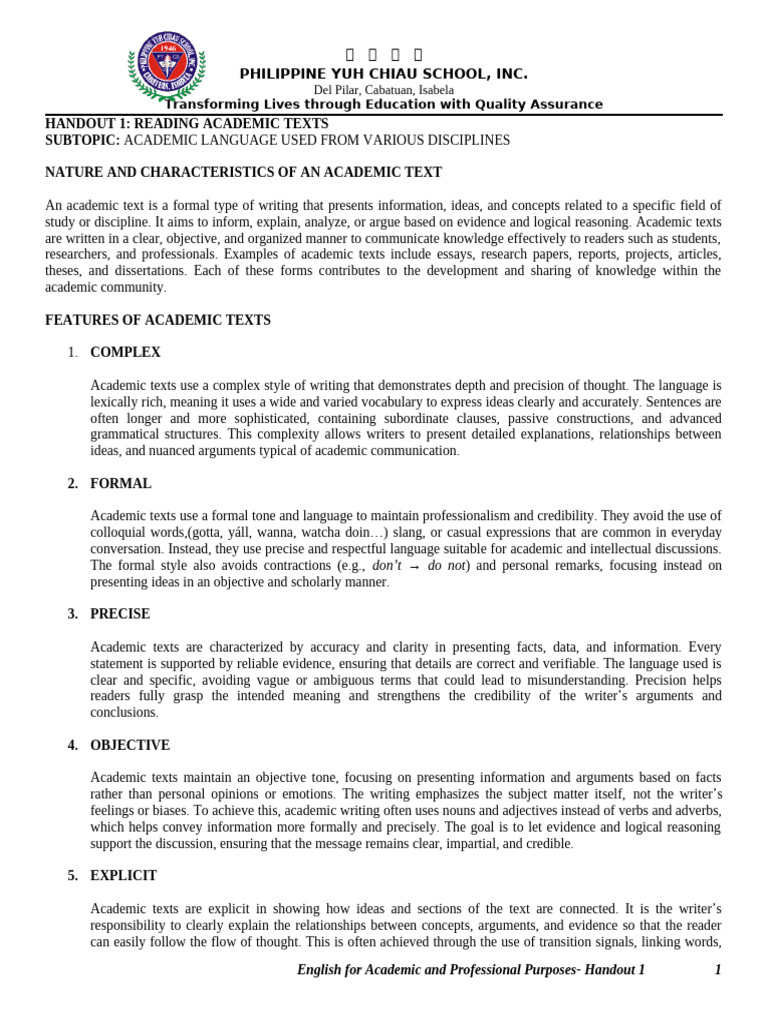 Handout 1 Academic Language Used From Various Disciplines | PDF ...