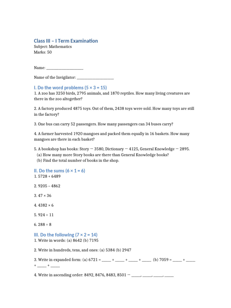 Class III Maths Question Paper | PDF | Mathematics
