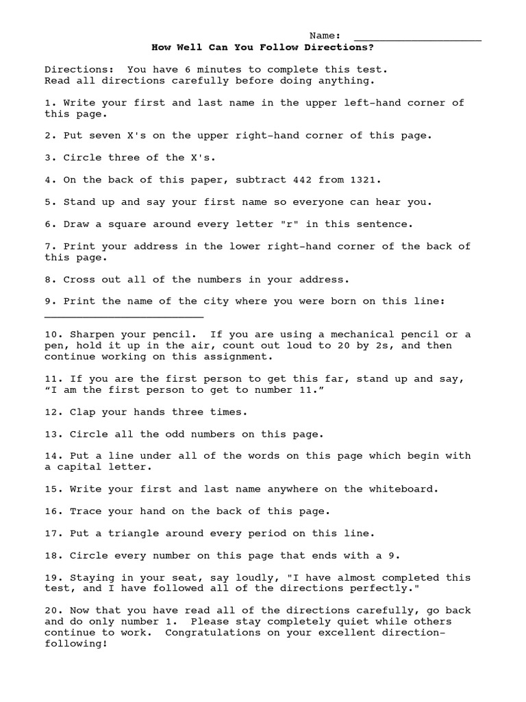 Direction-Following Test Instructions | PDF