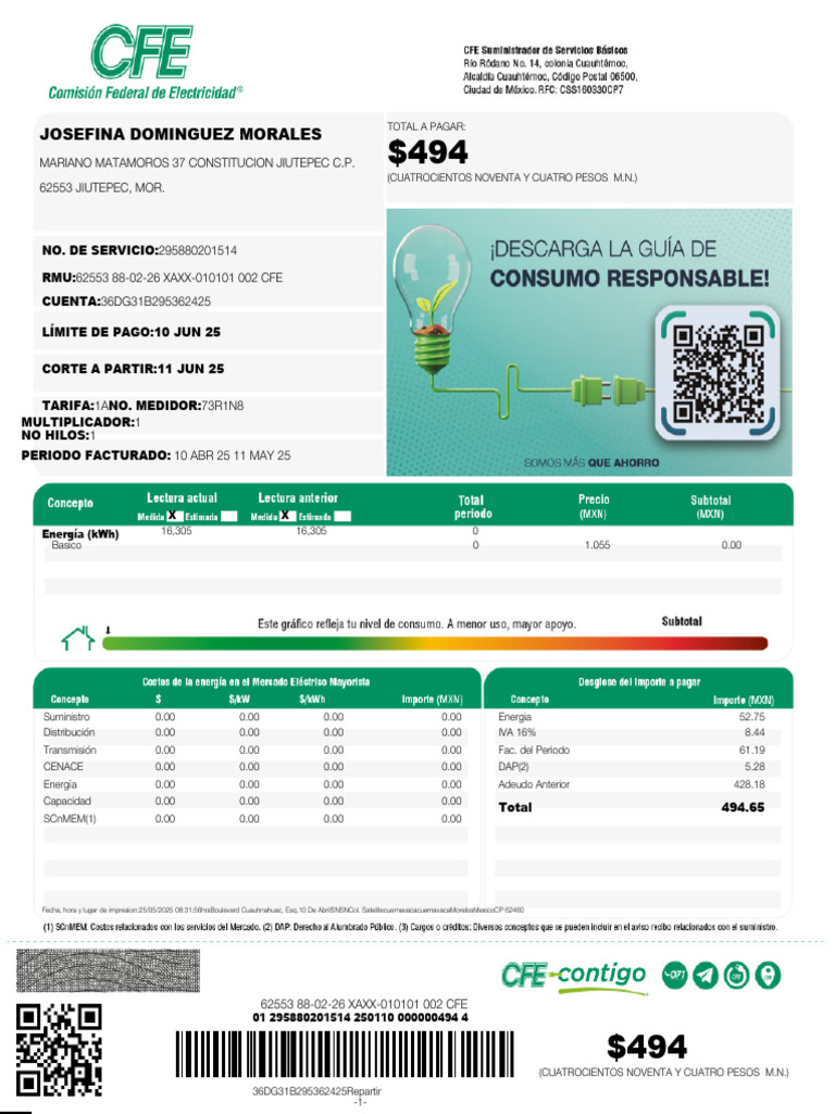 Comprobante CFE | PDF | Energia electrica | Poder (Física)
