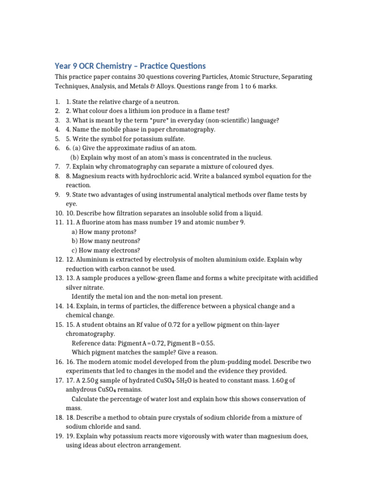 Year 9 OCR Chemistry Practice Questions | PDF | Sodium | Atoms