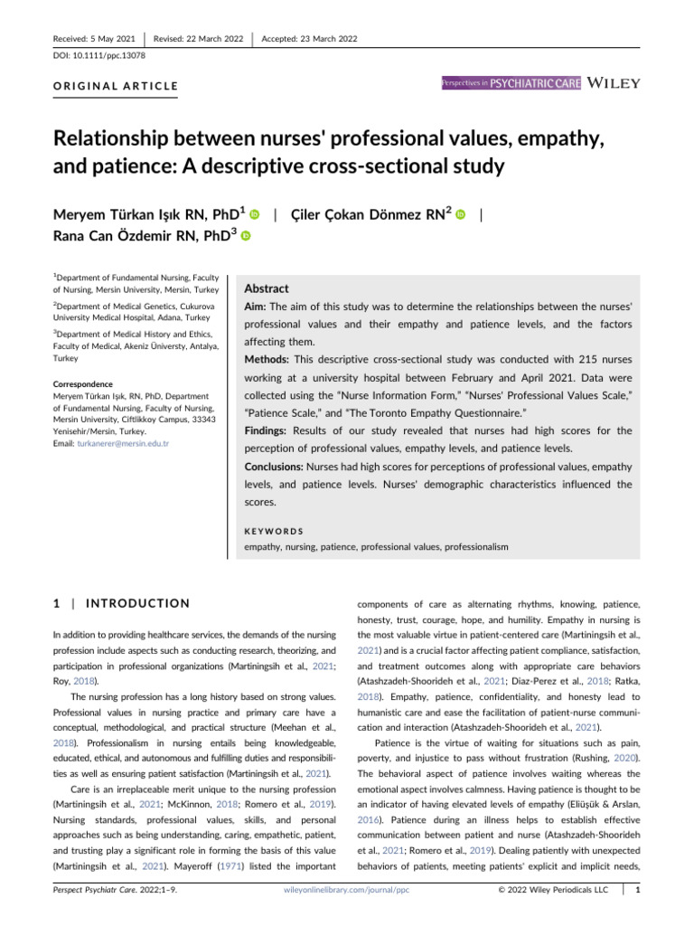 Relationship Between Nurses' Professional Values, Empathy, and Patience ...