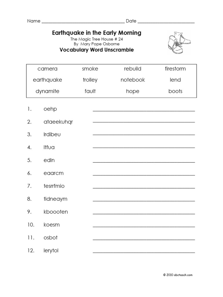 Earthquake in the Early Morning Activities | PDF | Magic Tree House ...