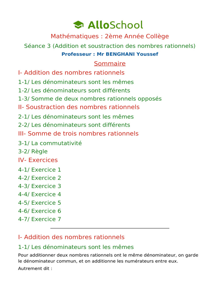 Addition et Soustraction des Rationnels | PDF | Nombre rationnel ...