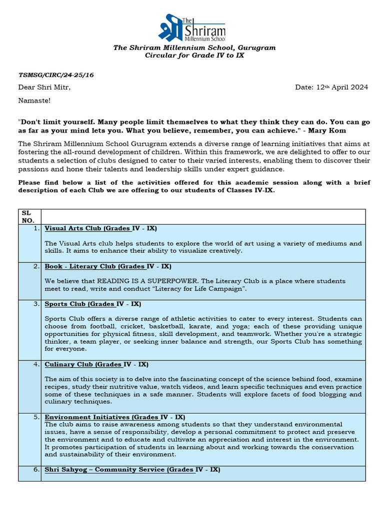 16 Clubs Circular Grade IV To IX | PDF