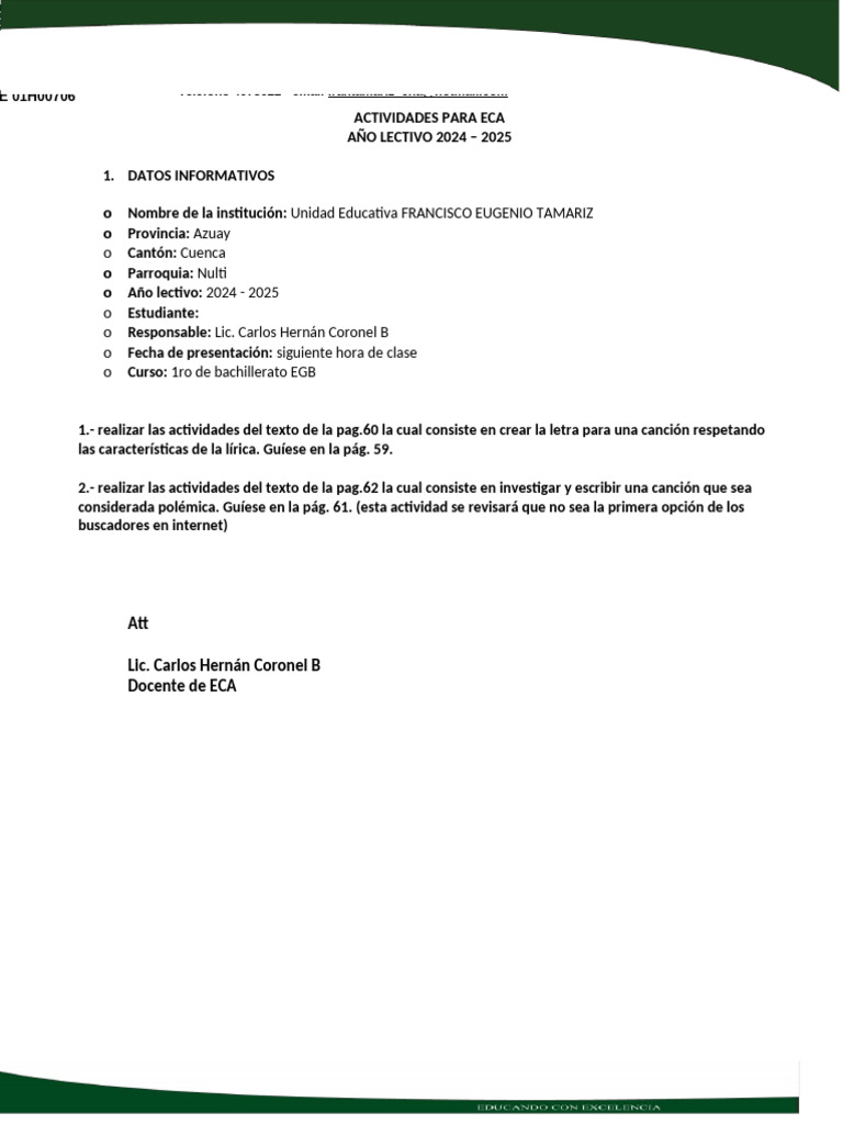 Actividades ECA 2024-2025 para 1ro Bachillerato | PDF