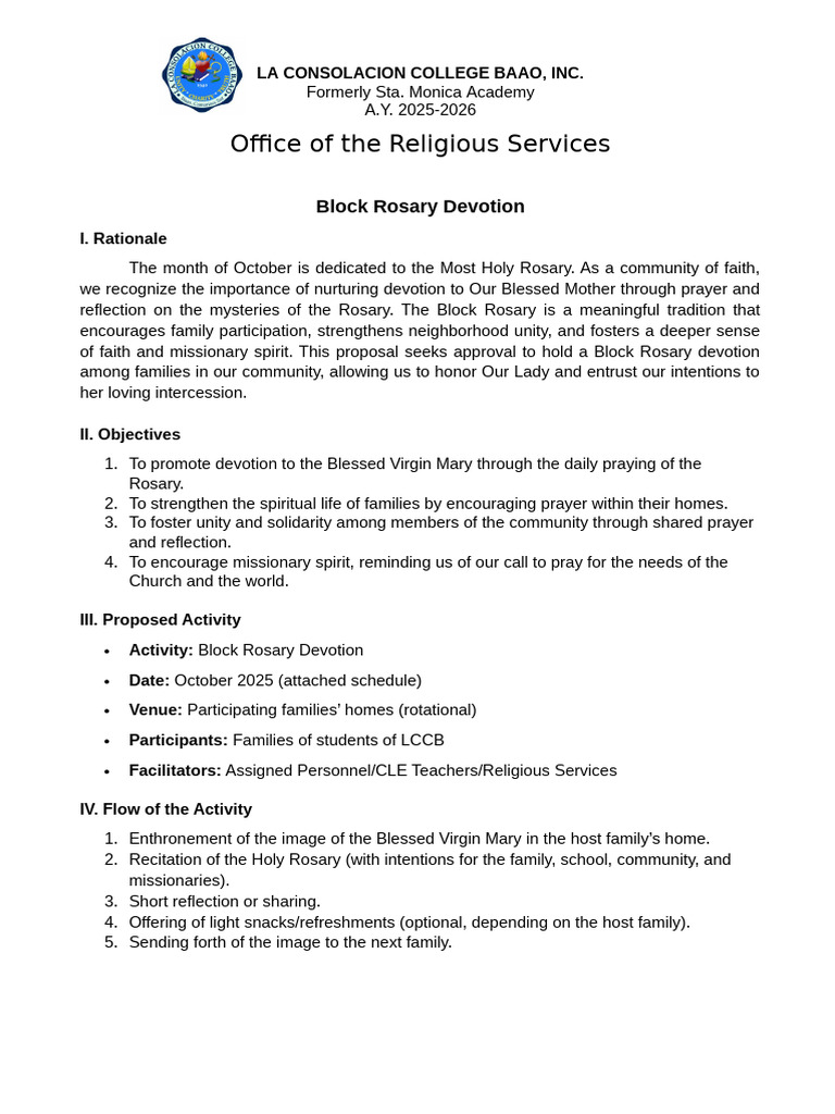 Block Rosary Devotion - Proposal | PDF | Rosary | Prayer