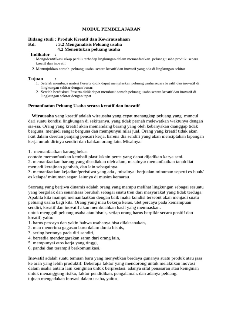 Pemanfaatan Peluang Usaha secara kreatif dan inovatif | PDF