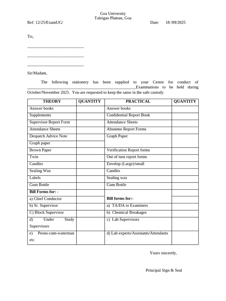 Goa University Examination Stationery List | PDF