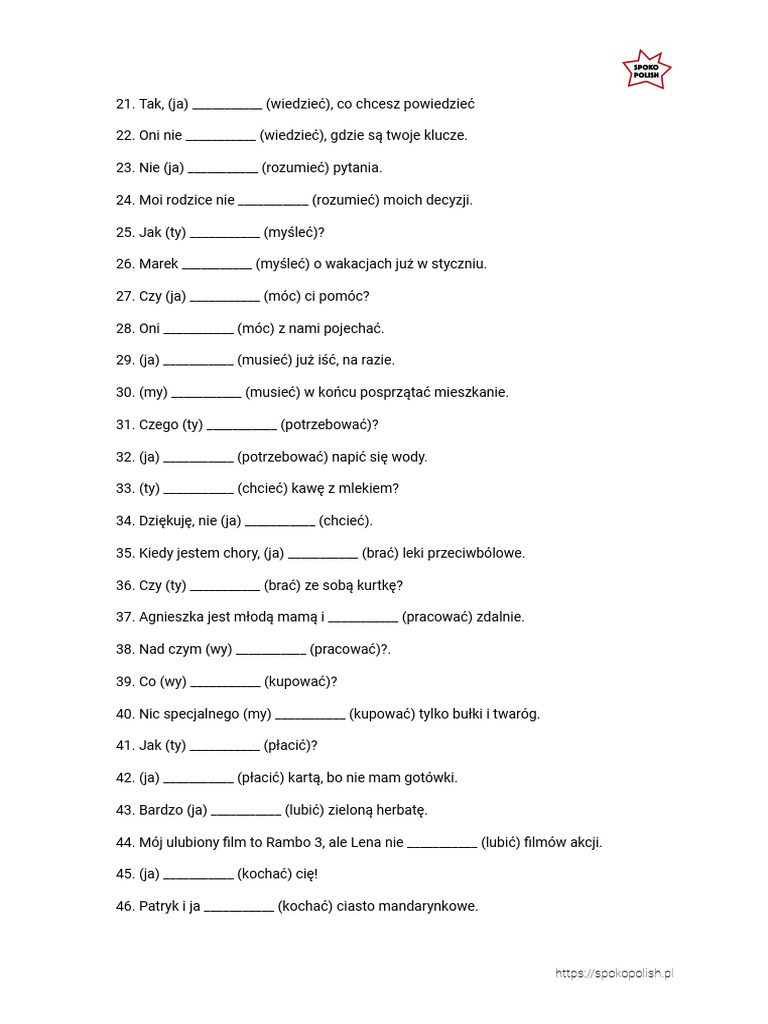 Spoko Polish The 25 Most Important Polish Verbs 5 6 | PDF
