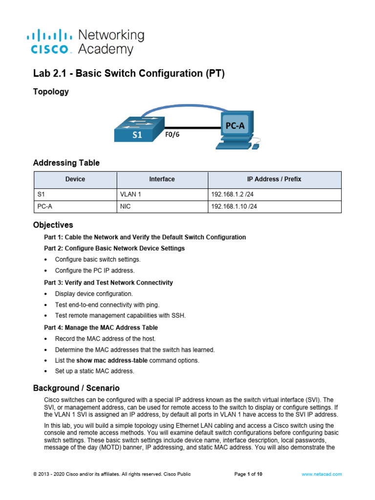 Lab 2.1 Basic Switch Configuration (PT) | PDF | Computer Terminal | Network Switch