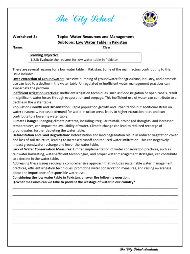 Worksheet 3-Low Water Table in Pakistan | PDF | Groundwater | Water ...