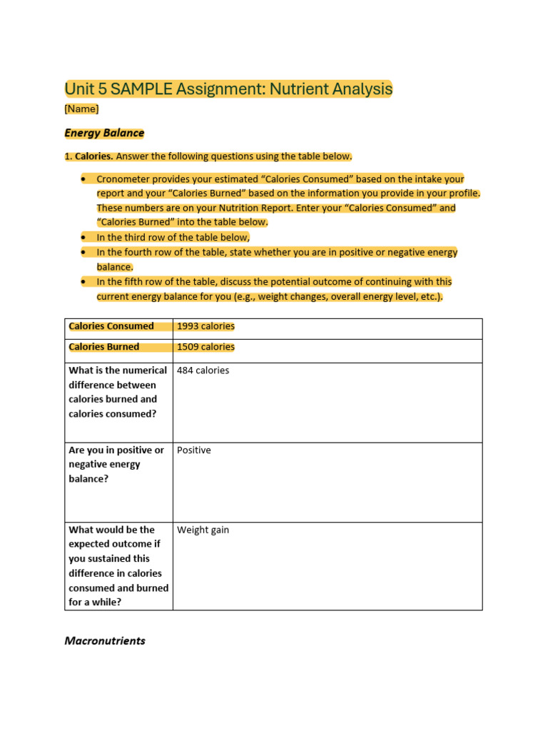 Nutrient Analysis and Energy Balance Report | PDF | Nutrients | Human ...