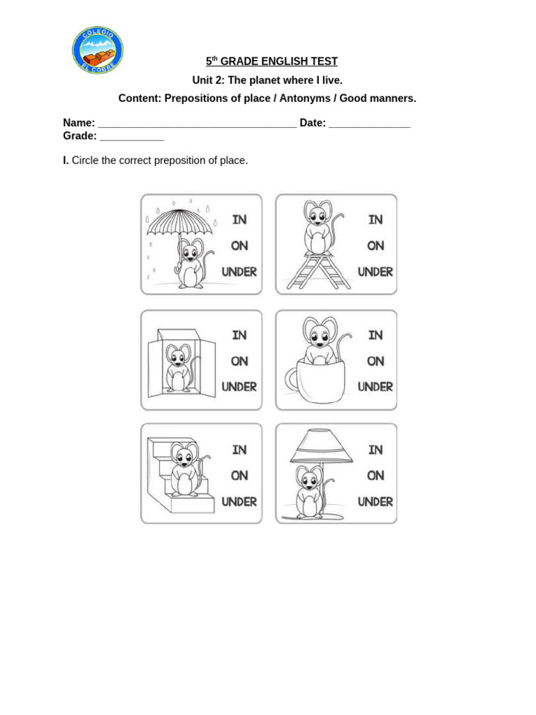 5th Grade English Test: Prepositions & Manners | PDF