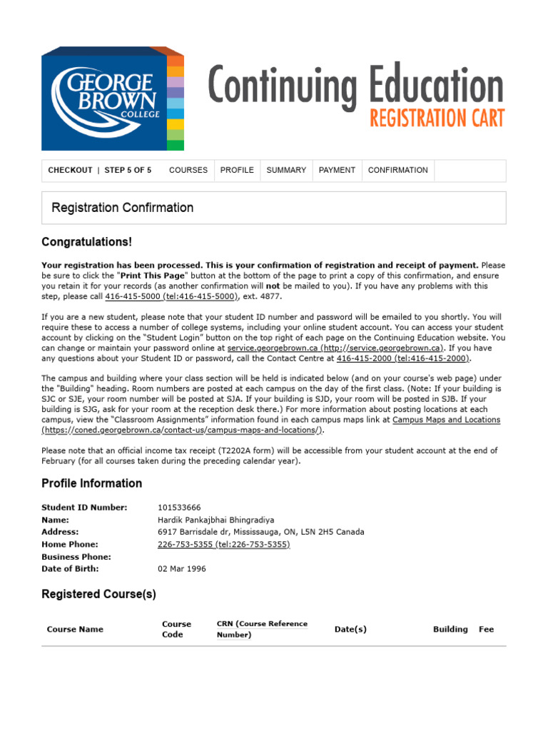 George Brown Registration Confirmation | PDF