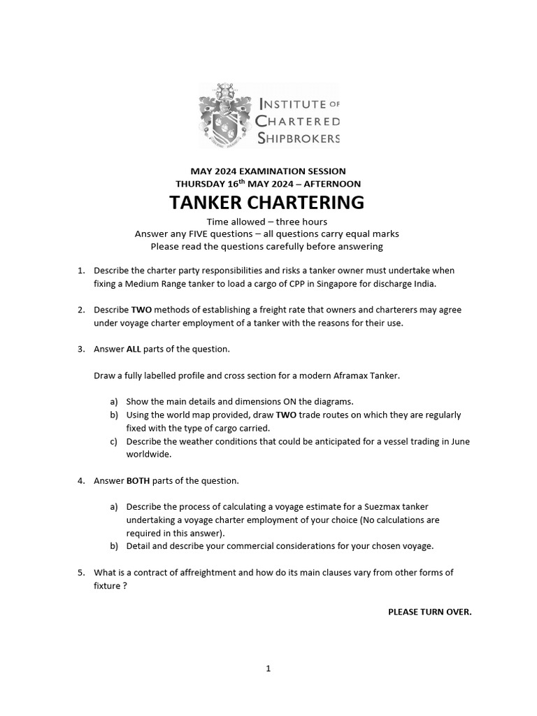 Tanker Chartering Exam Questions May 2024 | PDF | Oil Tanker | Shipping