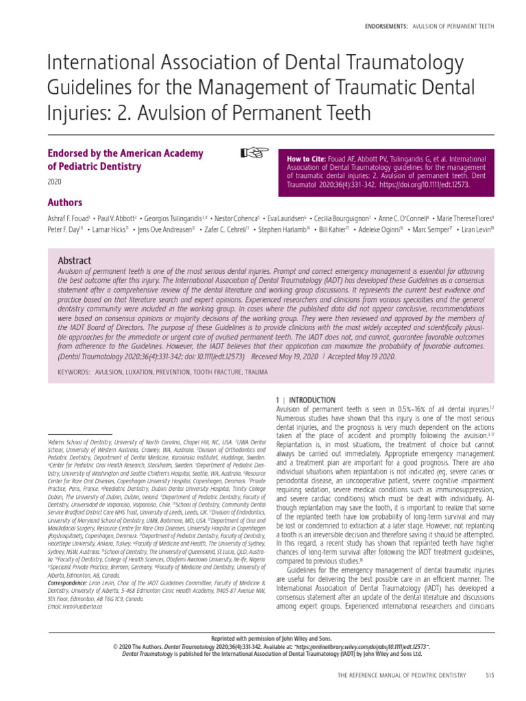 Avulsion in Permanent Teeth | PDF | Dentistry | Medical Specialties