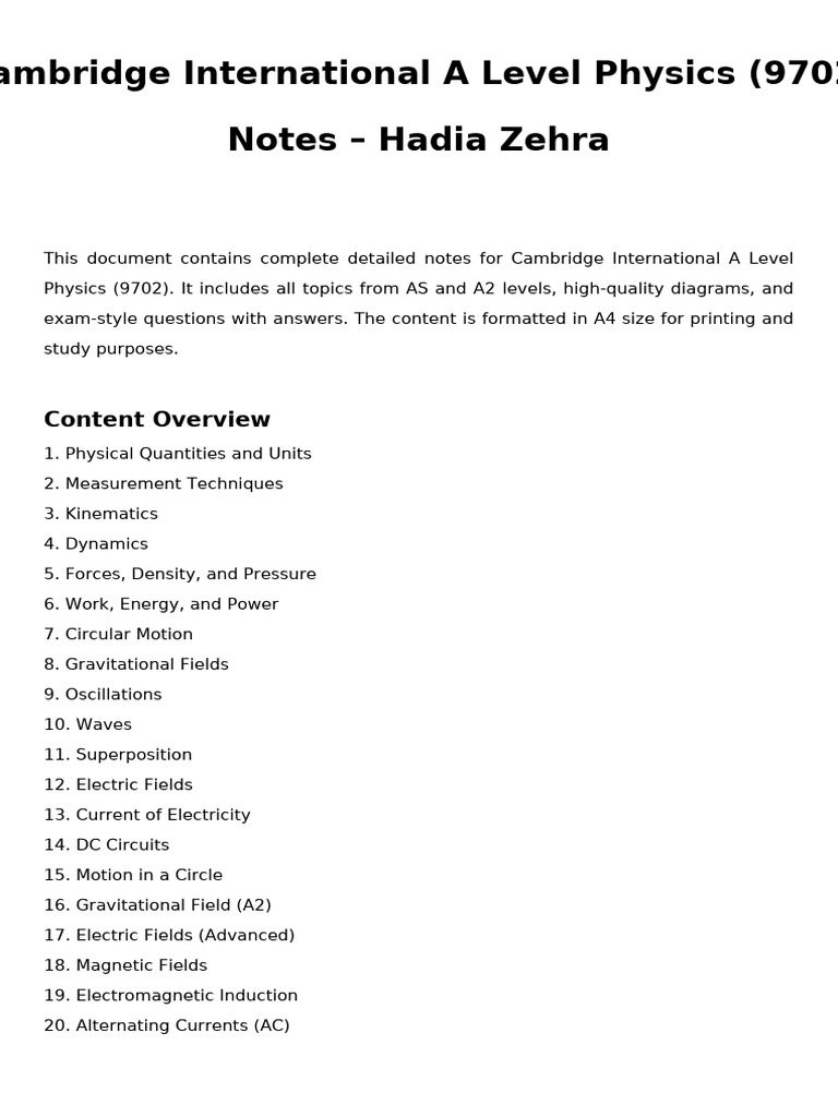 Cambridge A Level Physics Notes Hadia Zehra | PDF