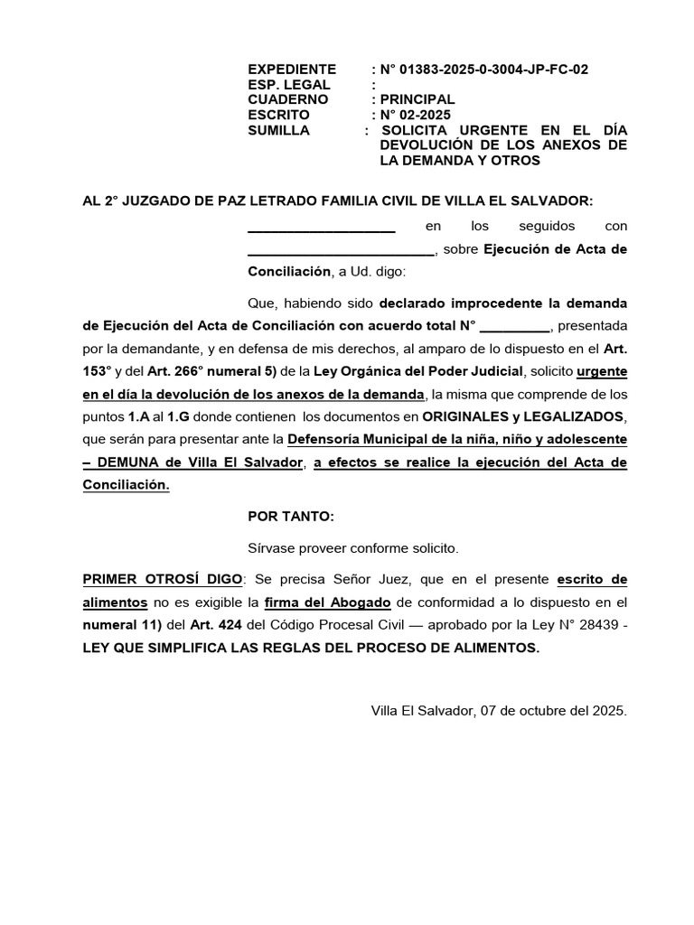 Solicita Urgente en El Día Devolución de Los Anexos de La Demanda y Otros | PDF