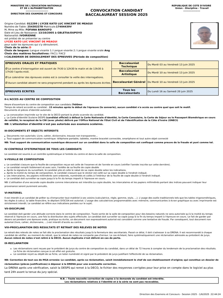 Convocation Baccalauréat 2025 Côte d'Ivoire | PDF