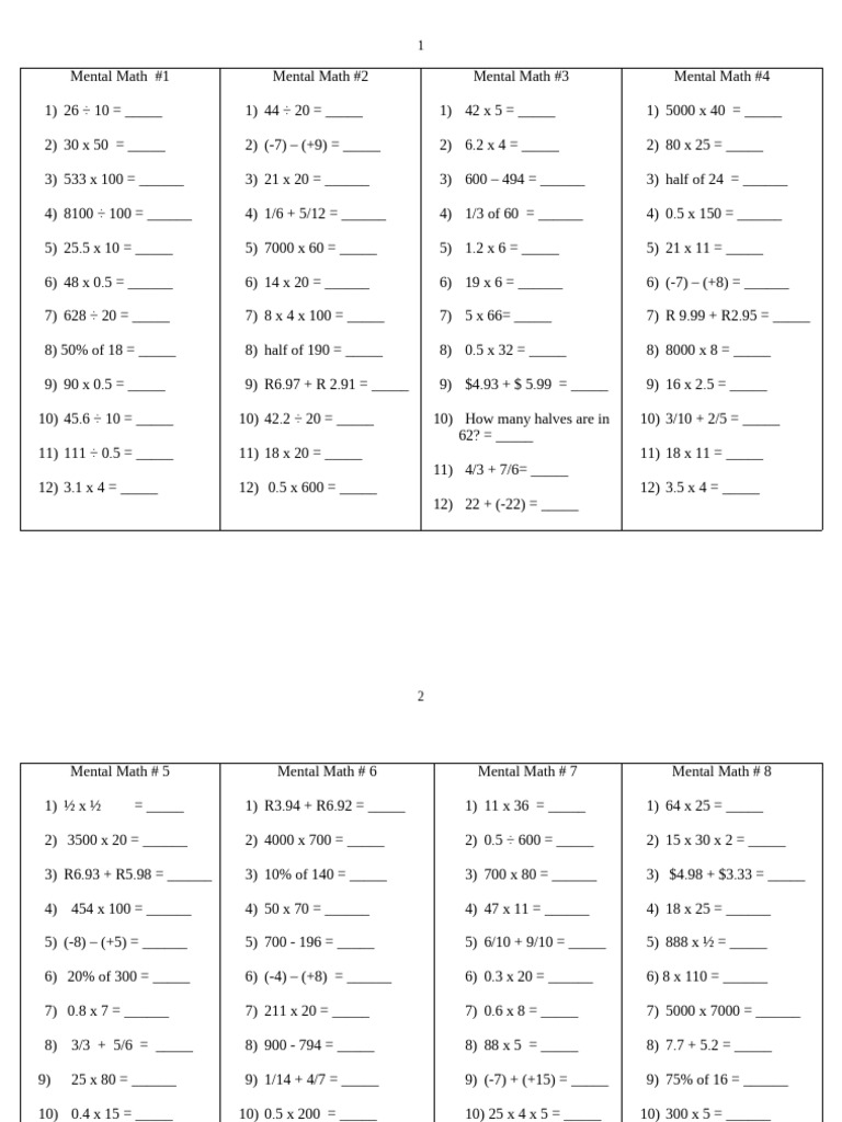 Mental Math Exercises and Answers | PDF