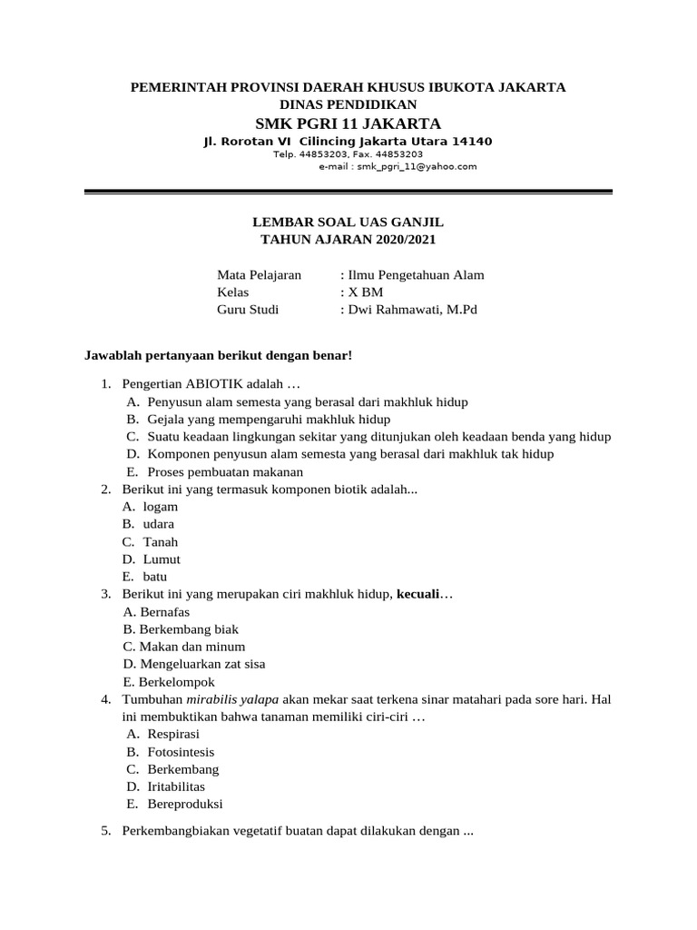 Soal Uas Ipa Kelas X Semester Ganjil 2020-2021 | PDF