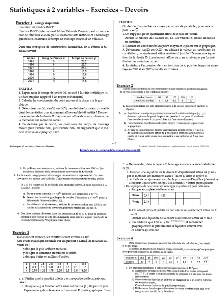 Statistiques à 2 variables : Exercices et Corrigés | PDF | Ajustement ...