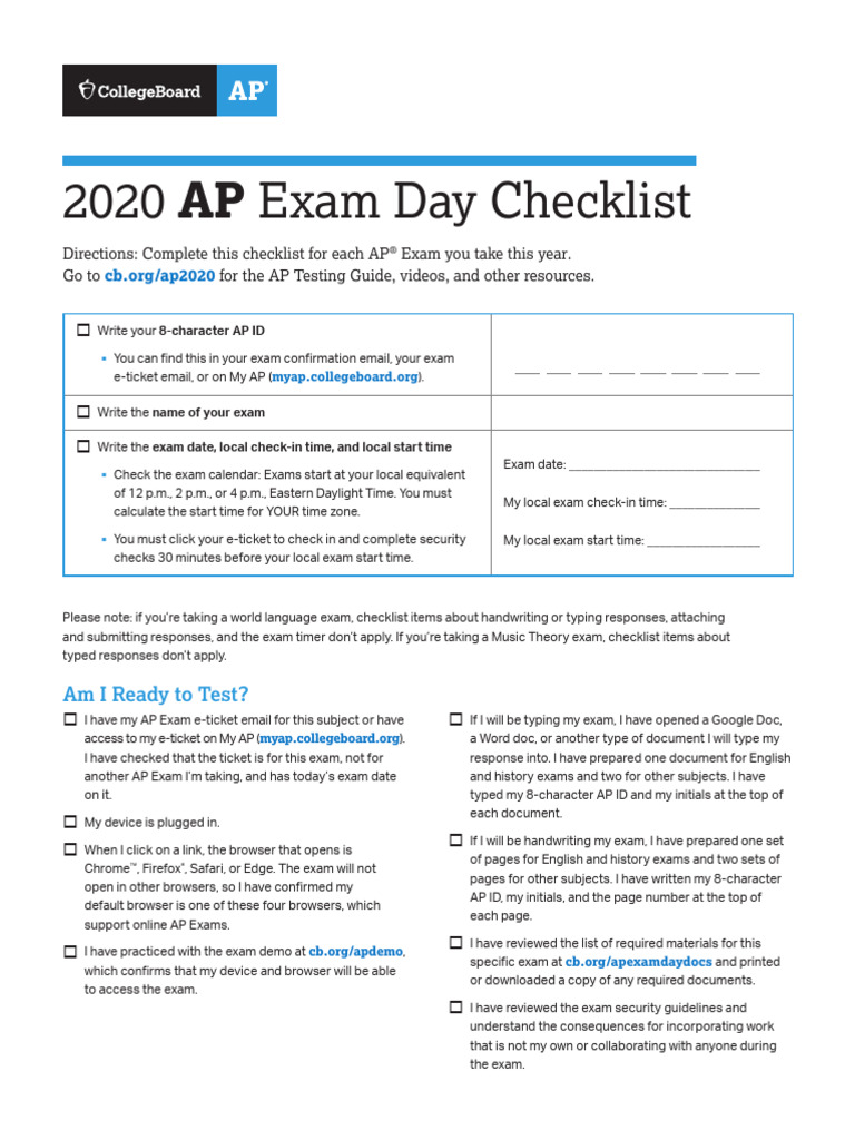 2020 AP Exam Day Preparation Checklist | PDF | Mobile App | Google Play