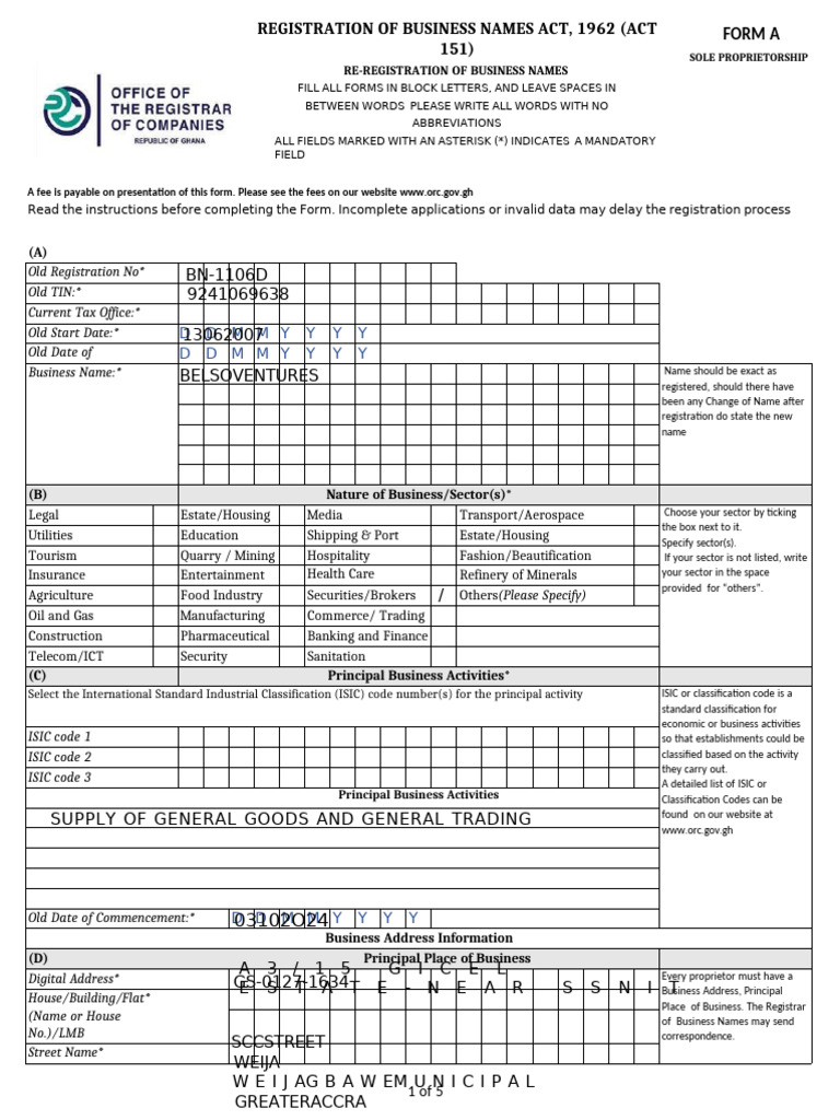 Business Name Re-Registration Form | PDF | Business | Sole Proprietorship