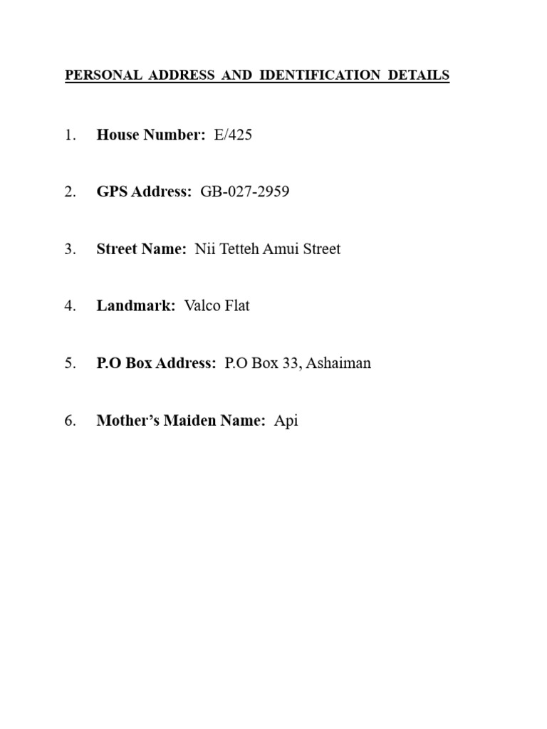 House Number:: Personal Address and Identification Details | PDF
