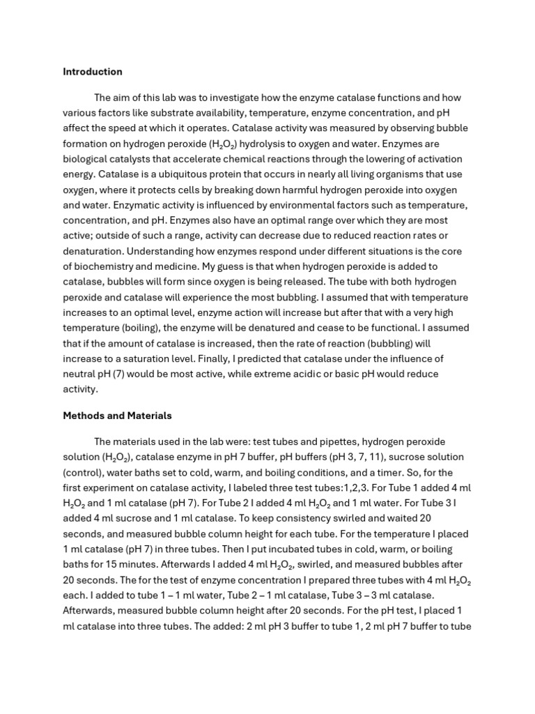 Catalase Activity: Effects of pH, Temperature, and Concentration | PDF ...