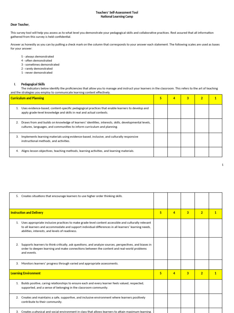 Group 1 - Teachers - Self Assessment Tool - Data As of May 25 1140am ...