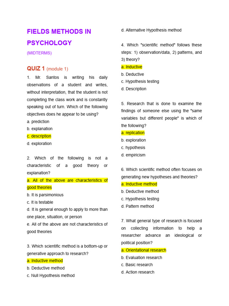 Psychology Research Methods Quiz | PDF | Hypothesis | Scientific Method