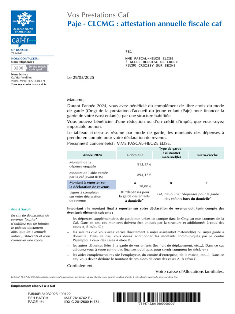 Attestation fiscale Caf 2024 - Garde d'enfants | PDF | Impôt sur le revenu