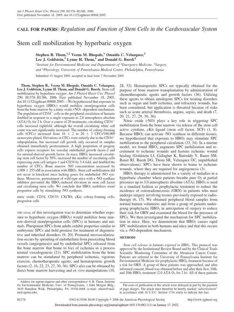 Stem Cell Mobilization by Hyperbaric Oxy | PDF | Bone Marrow | Angiogenesis