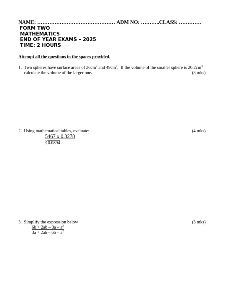 Form Two Mathematics Exam 2025 | PDF | Sphere | Density