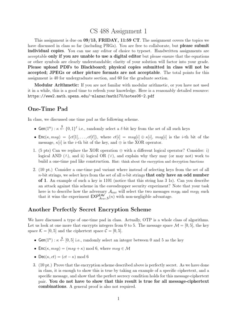 Introduction To Cryptography Assignment 1 - UIC CS 488 | PDF | Cryptography | Applied Mathematics