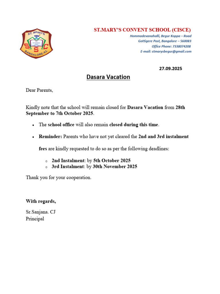 Circular - Dasara Vacation - 2025 | PDF