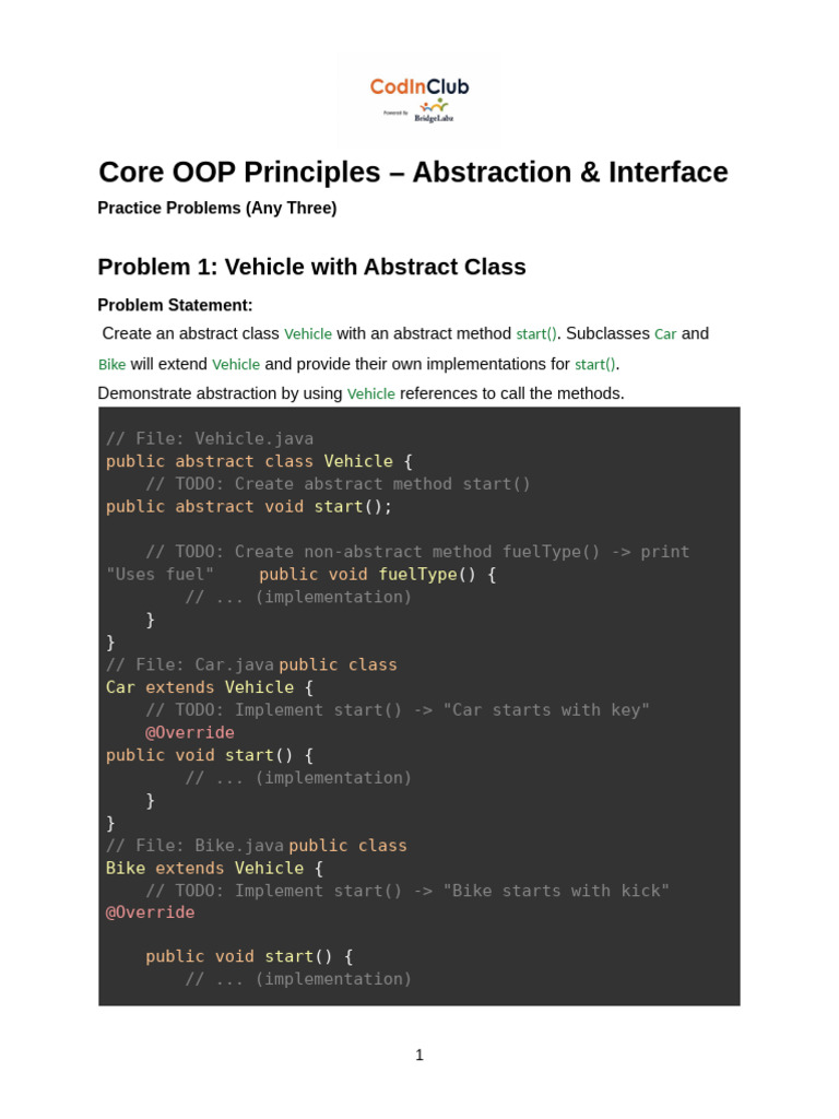 S8 - Core OOP Principles - Abstract Class and Interface - Practice Problem | PDF | Method ...